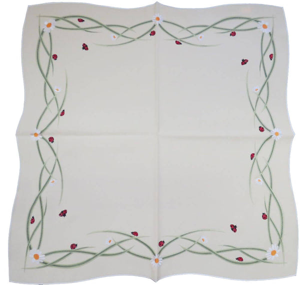 Linen Table Cloth - White with Ladybugs & Woven Daisy Pattern ...
